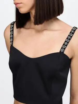 TWINSET Cropped Satin Top With Rhinestone Straps - Black
