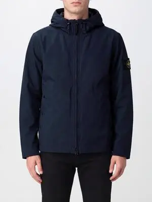 Stone Island Short Hooded Tech Fabric Windbreaker With Logo Patch - Blue