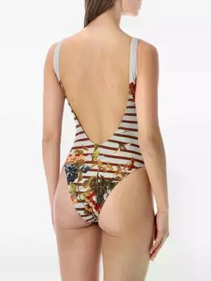 JEAN PAUL GAULTIER Striped Floral One-piece Swimsuit - White