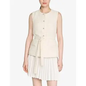 Sandro Tie-waist Contrast-skirt Woven Mini Dress - Ecru
