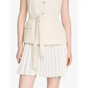 Sandro Tie-waist Contrast-skirt Woven Mini Dress - Ecru