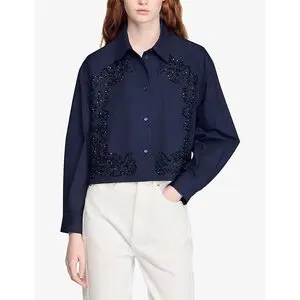 Sandro Floral-embroidered Cotton Shirt - Navy Blue