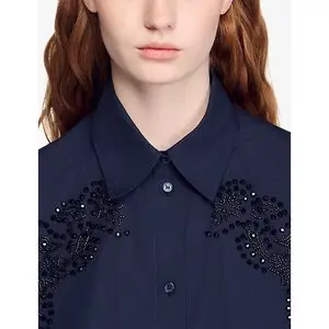 Sandro Floral-embroidered Cotton Shirt - Navy Blue