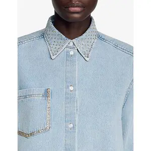 Sandro Rhinestone-trimmed Cropped Denim Shirt