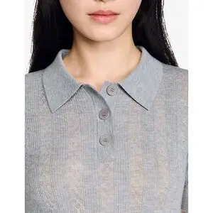 Sandro Polo-neck Pointelle-knit Wool Jumper - Grey