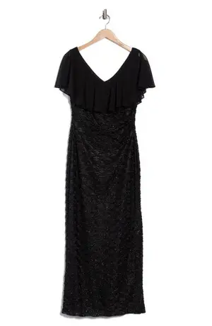 CONNECTED APPAREL Beaded Ruffle Neck Gown - Black