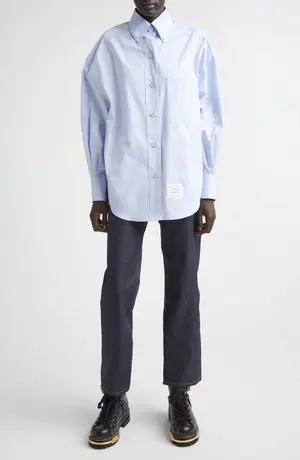 Thom Browne Crest Embroidered Oversize Cotton Poplin Button-down Shirt - Light Blue