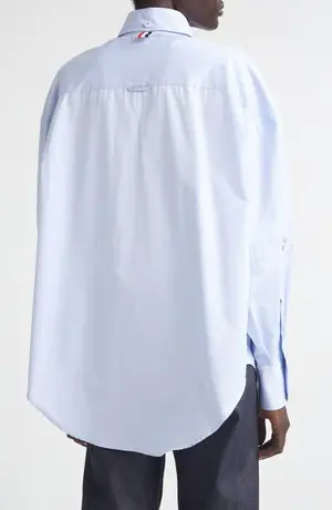 Thom Browne Crest Embroidered Oversize Cotton Poplin Button-down Shirt - Light Blue