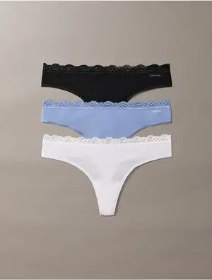 Calvin Klein Microfiber Stretch With Lace 3-pack Thong - Black/blue Tulip/frosty Lilac