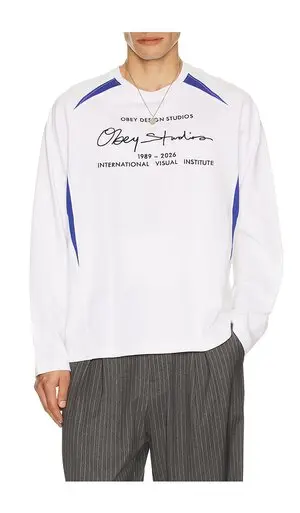 Obey League Long Sleeve Tee In White