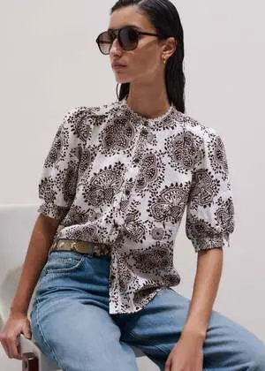 ME+EM Printed Cheesecloth Straight Blouse - Soft White/brown
