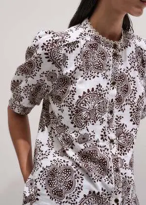 ME+EM Printed Cheesecloth Straight Blouse - Soft White/brown