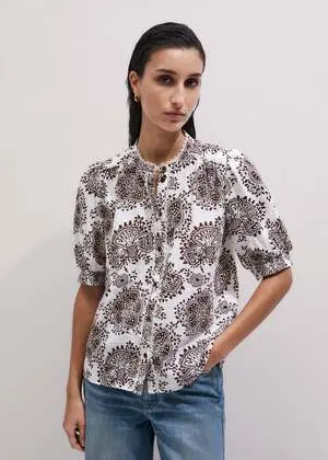 ME+EM Printed Cheesecloth Straight Blouse - Soft White/brown