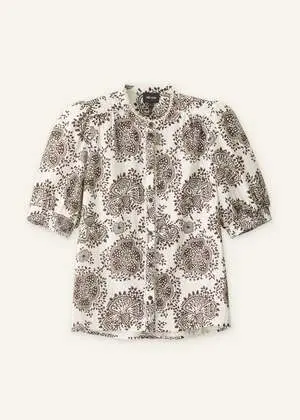 ME+EM Printed Cheesecloth Straight Blouse - Soft White/brown