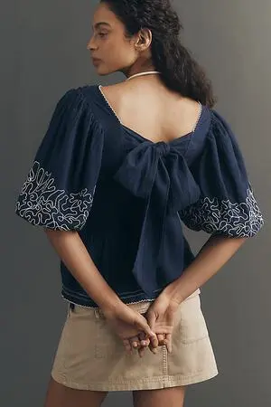 Maeve Embroidered Puff-sleeve Top