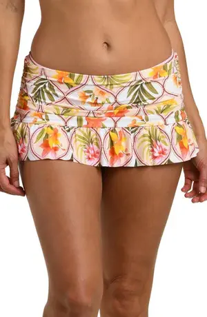 La Blanca Palm Ruffle Skirted Bikini Bottoms - White Multi