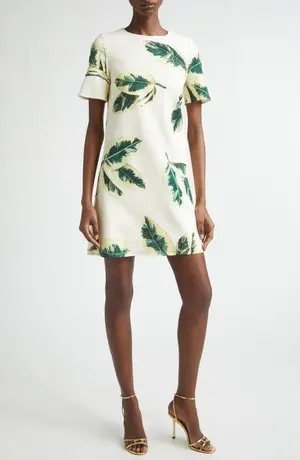 Oscar De La Renta Ficus Leaves Wool Blend Shift Dress - Green/ivory