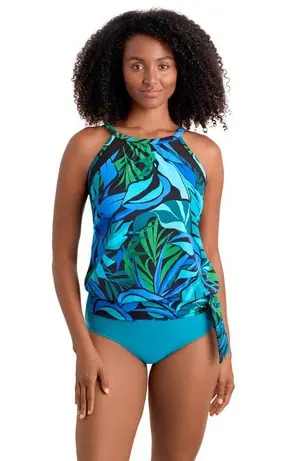 SHAPESOLVER High Neck Mesh Tankini Swimsuit Top - Leaf Sensation