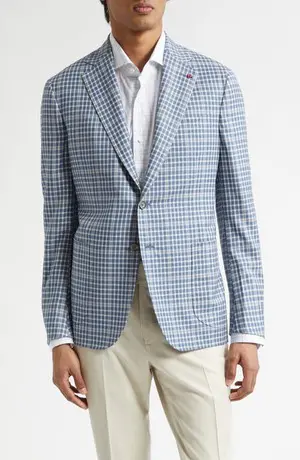 Isaia Delain Check Wool Sport Coat - Pastel Blu 740