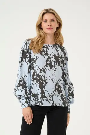 KAFFE Printed Long Sleeve Blouse - Grey/blue Graphic Cloud