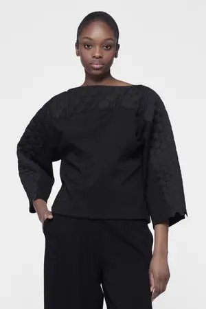 LEEM Quilted Embroidered Top - Black