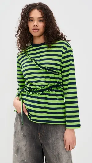 DAMSON MADDER Striped Ruffle Long Sleeve Tee