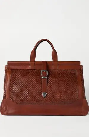 Brunello Cucinelli Braided Leather And Cowhide Bag - Cognac