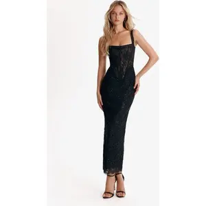 MILLA Chantilly Lace Maxi Formal Occasion Dress With Corset Bodice - Black