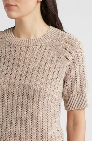 CITY BLUES Washed Openwork Knit Rib Short Sleeve Sweater - Latte