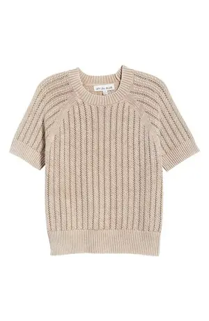 CITY BLUES Washed Openwork Knit Rib Short Sleeve Sweater - Latte
