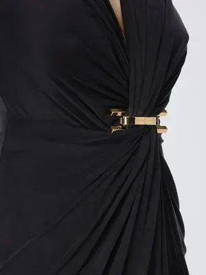 Elisabetta Franchi Long Sleeve V-neck Ruched Maxi Dress - Black
