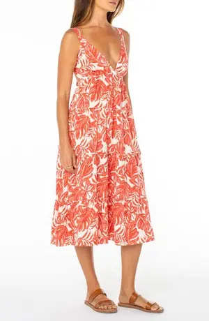 Roxy Monstera Print Tiered Midi Dress - Lantana