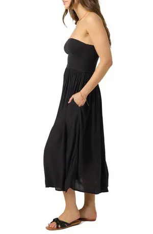 O'Neill Smocked Strapless Midi Dress - Black
