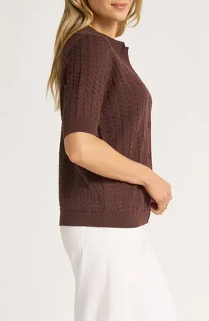 Matty M. Solana Pointelle Polo Cardigan - Chocolate