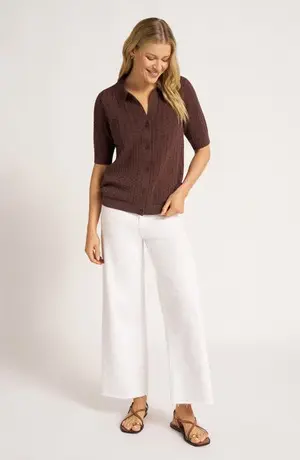 Matty M. Solana Pointelle Polo Cardigan - Chocolate