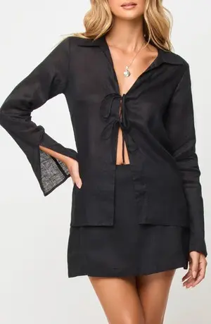 L*Space Venice Tie Front Linen Cover-up Shirt - Black