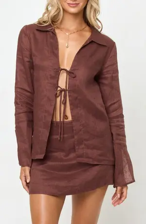 L*Space Venice Tie Front Linen Cover-up Shirt - Cafe