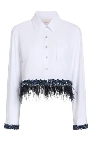 Cinq À Sept Sylvan Feather Sequin Crop Shirt - White/bluebell