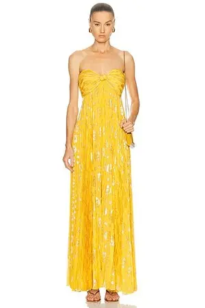 Alexis Soleil Strapless Plissé Maxi Dress With Metallic Geometric Print