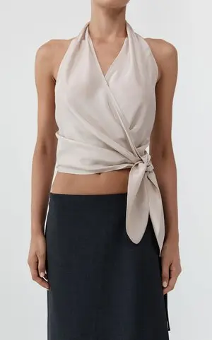 ST. AGNI Silk Halter Wrap Top - Neutral