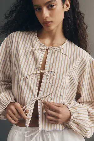 Maeve Tie-front Puff-sleeve Shirt Top - Tan Stripe