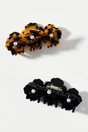 Anthropologie Floral Hair Claw Clips Set Of 2 - Tortoise/black