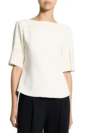 Theory Elbow Sleeve Boat Neck Top - Rice
