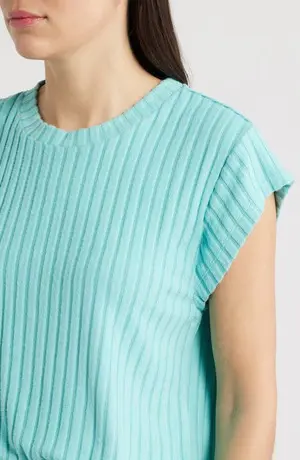 CITY BLUES Rib Knit Cap Sleeve Top - Aqua Sky