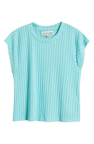 CITY BLUES Rib Knit Cap Sleeve Top - Aqua Sky