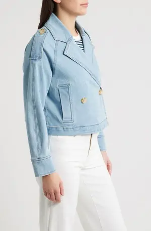CITY BLUES Double-breasted Denim Crop Trench Jacket - Vintage Wash