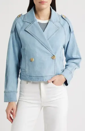 CITY BLUES Double-breasted Denim Crop Trench Jacket - Vintage Wash