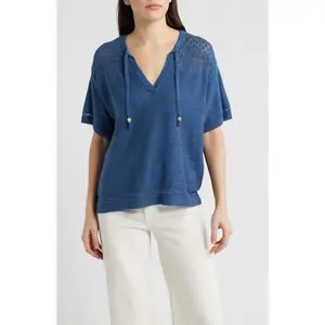 CITY BLUES Tie Neck Pointelle Top - Cadet Blue