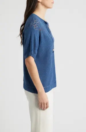 CITY BLUES Tie Neck Pointelle Top - Cadet Blue
