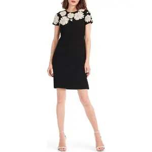 EMILY SHALANT Floral Appliqué Crepe Minidress - Black
